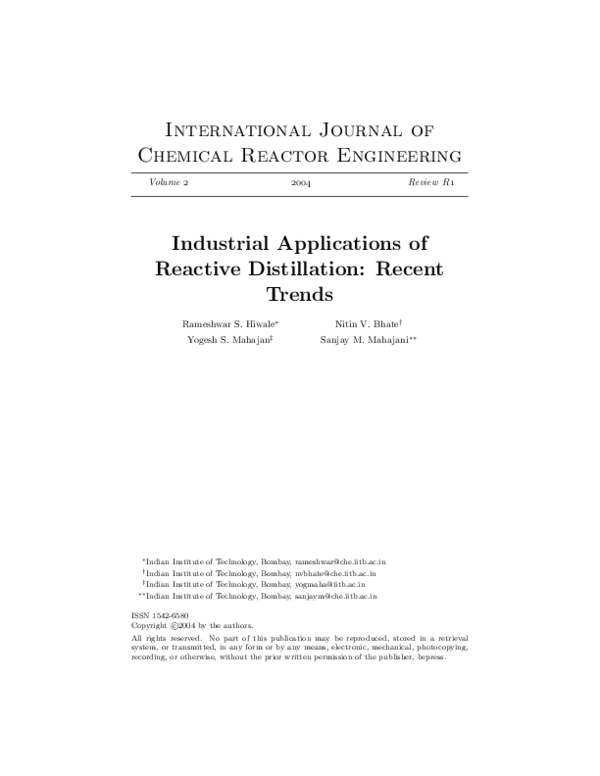 (PDF) Industrial Applications of Reactive Distillation: Recent Trends