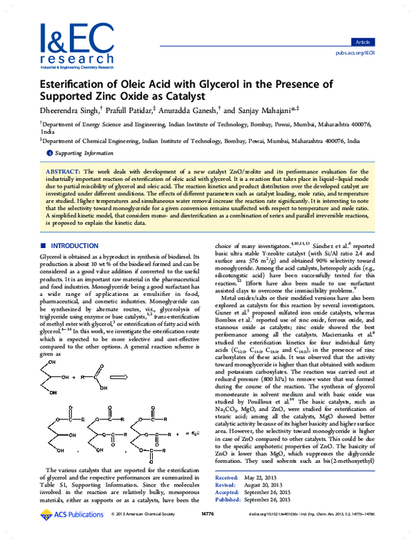 (PDF) Esterification of Oleic Acid with Glycerol in the Presence of Supported Zinc Oxide as Catalyst