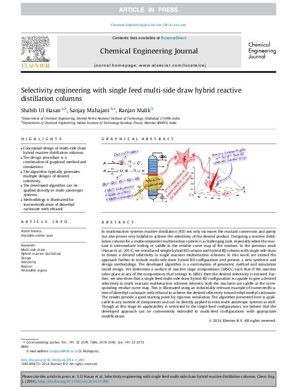 Pdf Selectivity Engineering With Single Feed Multi Side Draw Hybrid Reactive Distillation Columns