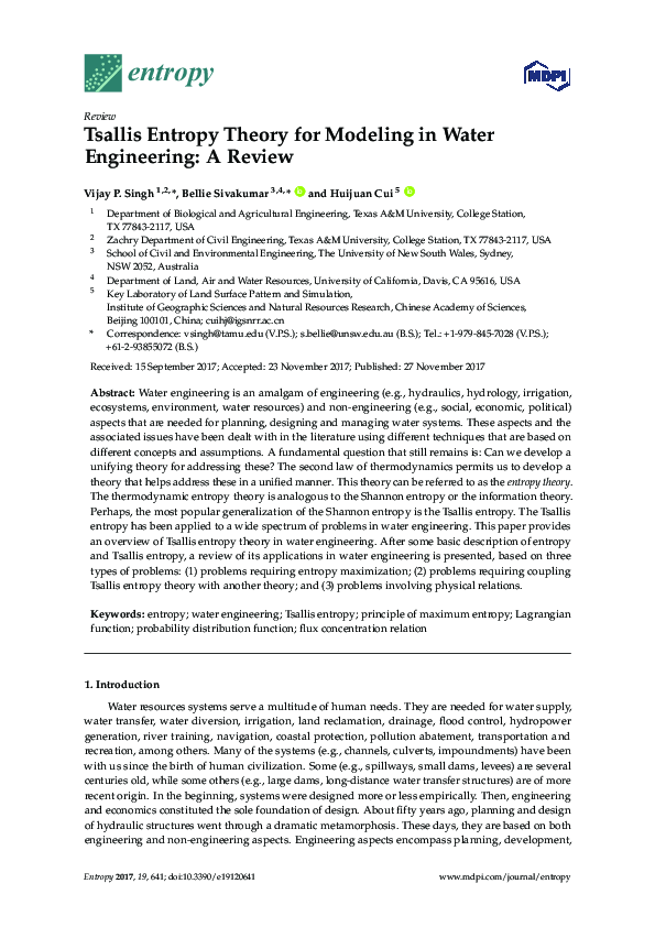 Pdf Tsallis Entropy Theory For Modeling In Water Engineering A Review