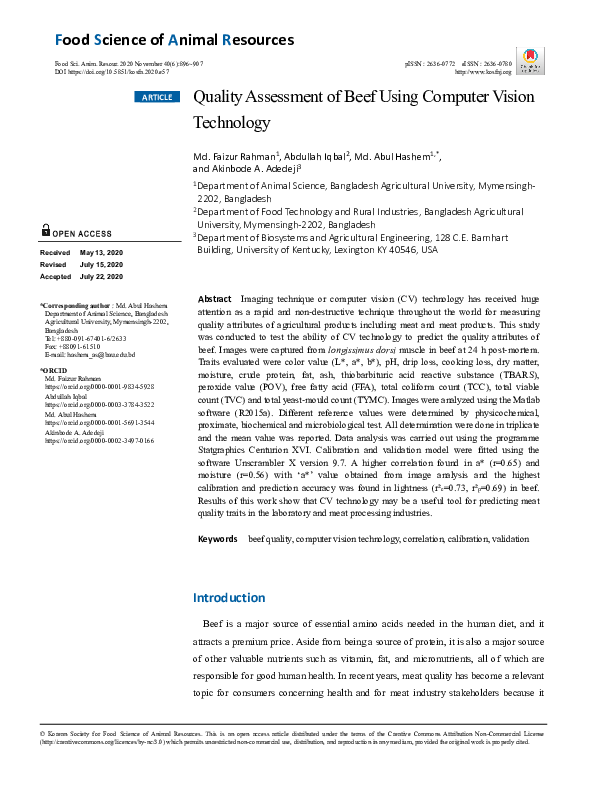(PDF) Quality Assessment of Beef Using Computer Vision Technology