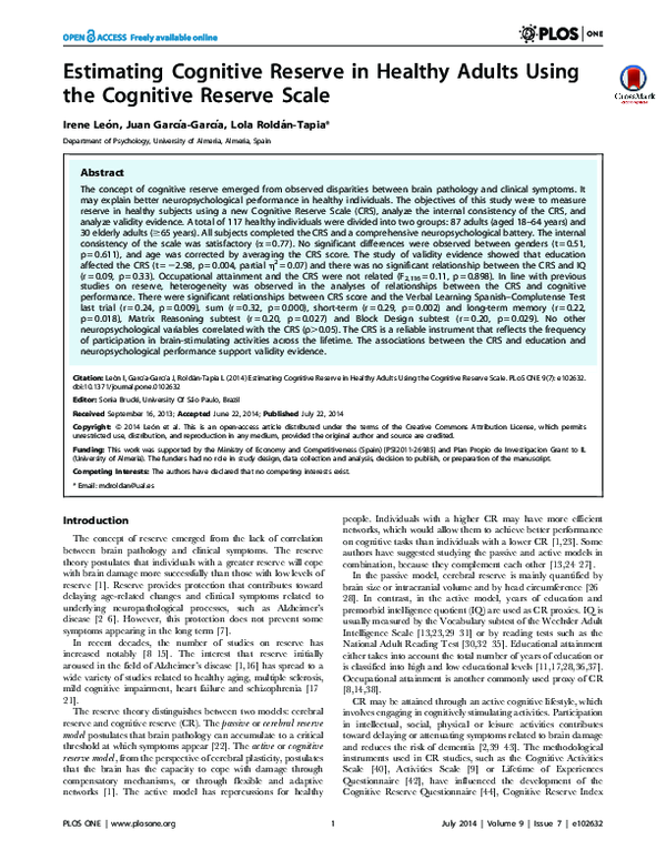 (PDF) Estimating Cognitive Reserve in Healthy Adults Using the ...