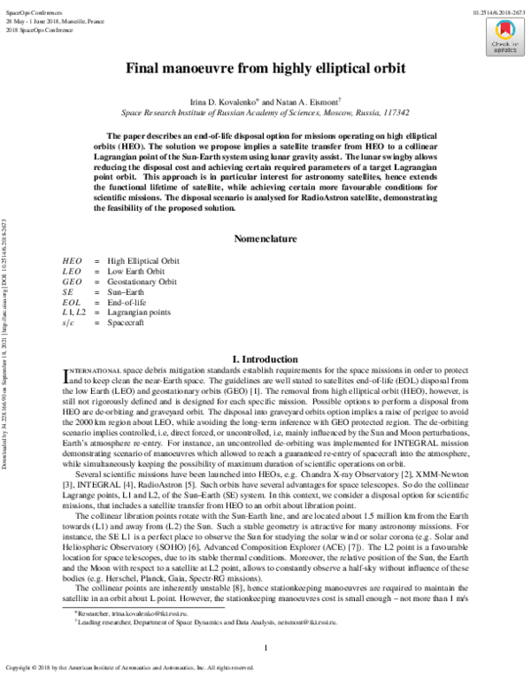 (PDF) Final manoeuvre from highly elliptical orbit towards Lagrangian ... (PDF) Final manoeuvre from highly elliptical orbit towards Lagrangian ...