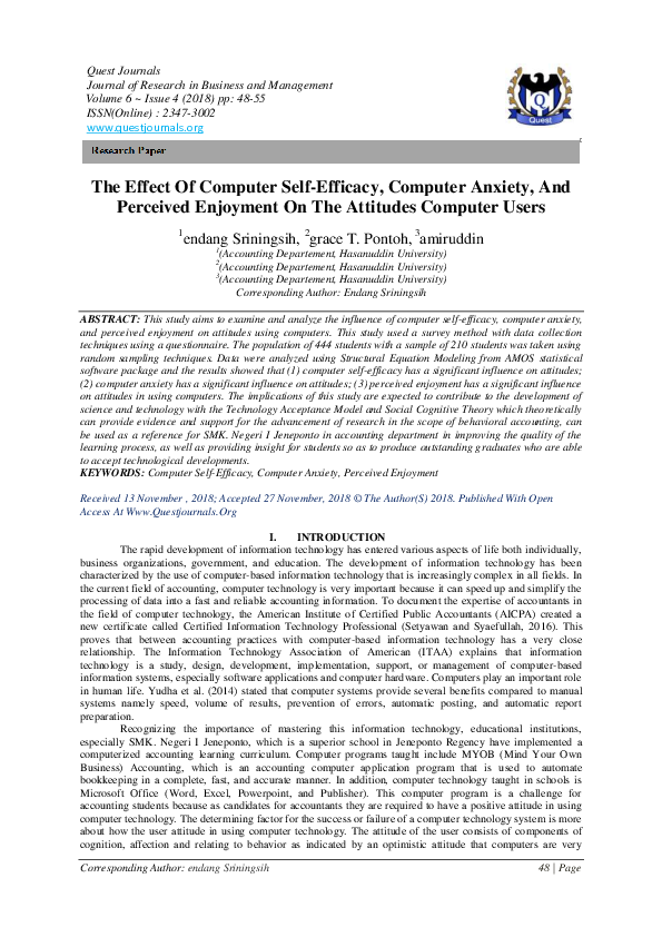 (PDF) The Effect Of Computer Self-Efficacy, Computer Anxiety, And Perceived Enjoyment On The ...