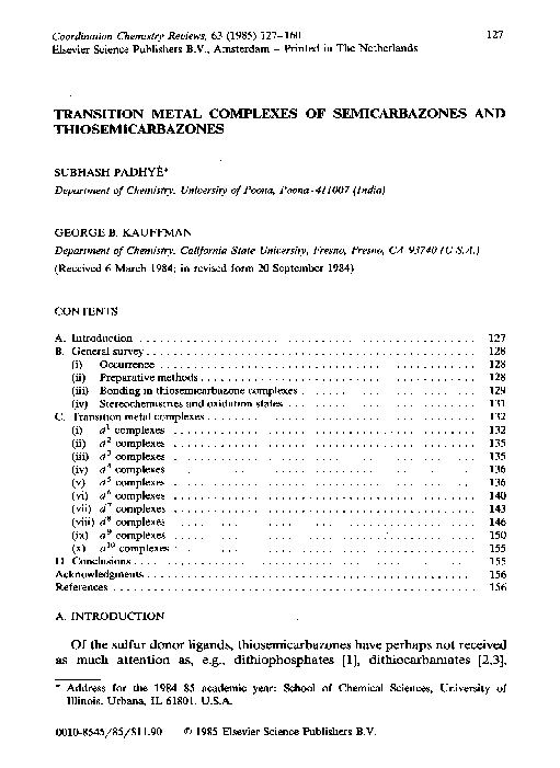 (PDF) Transition metal complexes of semicarbazones and thiosemicarbazones