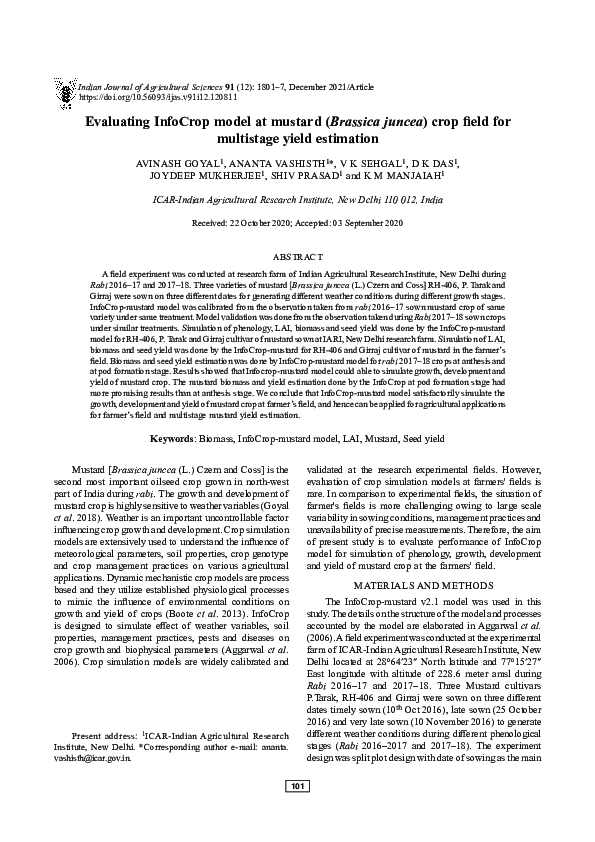 (PDF) Evaluating InfoCrop model at mustard (Brassica juncea) crop field ...