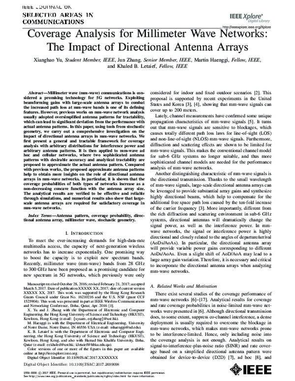 Pdf Coverage Analysis For Millimeter Wave Networks The Impact Of Directional Antenna Arrays