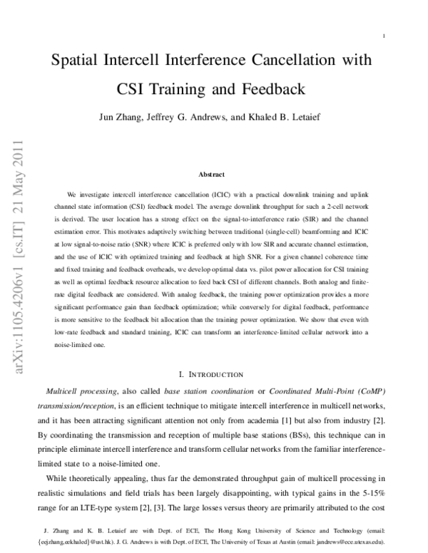 (PDF) Spatial intercell interference cancellation with CSI training and feedback
