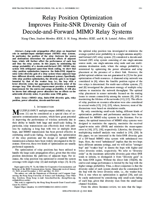 Pdf Relay Position Optimization Improves Finite Snr Diversity Gain Of Decode And Forward Mimo