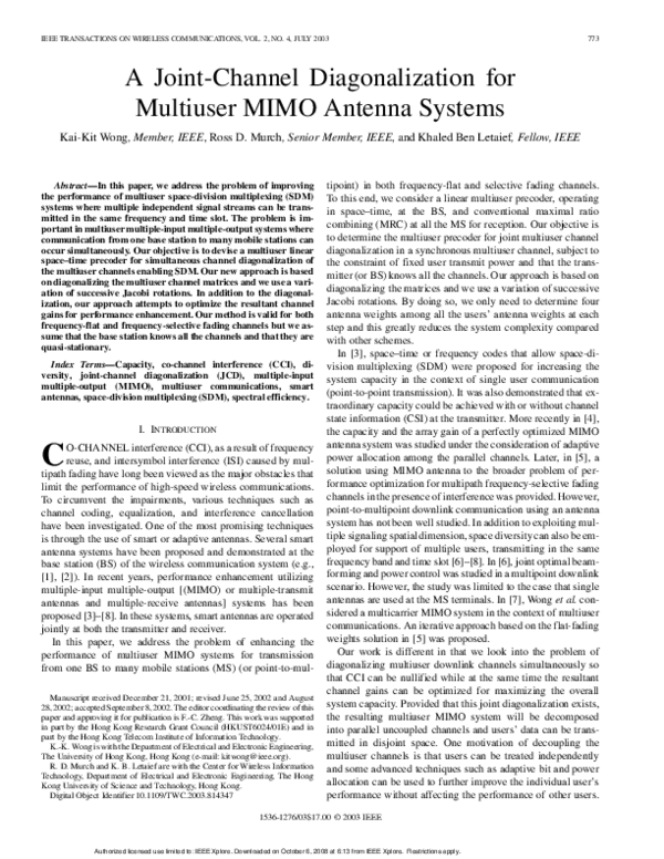 (PDF) A joint-channel diagonalization for multiuser MIMO antenna systems