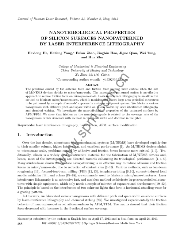Pdf Nanotribological Properties Of Silicon Surfaces Nanopatterned By Laser Interference