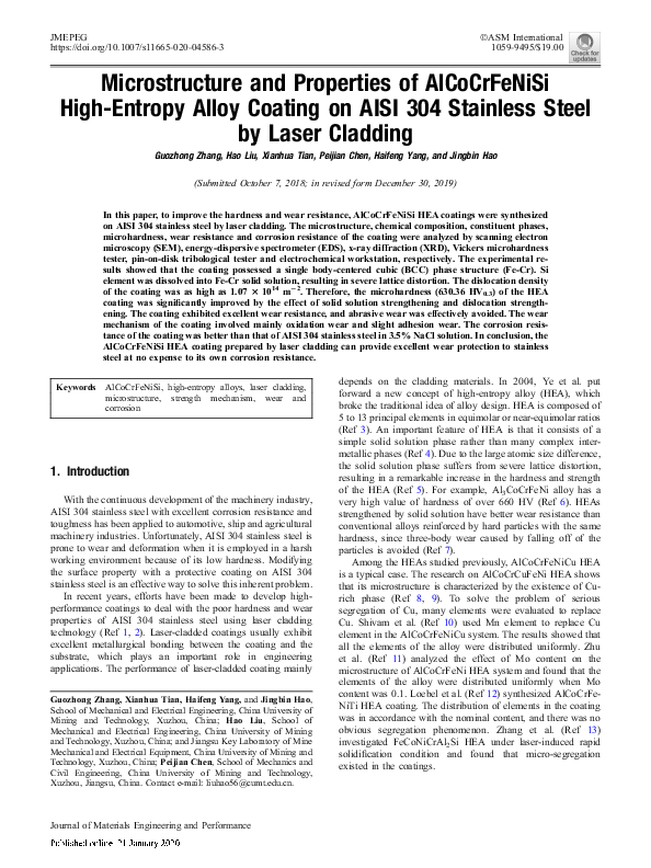 (PDF) Microstructure and Properties of AlCoCrFeNiSi High-Entropy Alloy Coating on AISI 304 ...