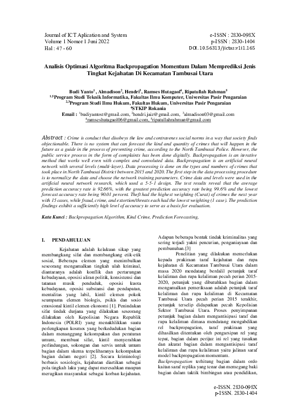 Pdf Analisis Optimasi Algoritma Backpropagation Momentum Dalam