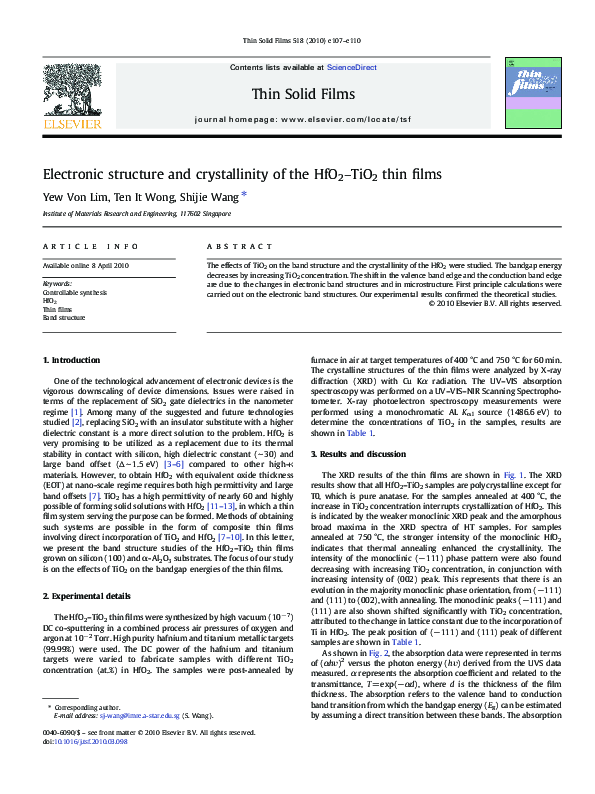 Pdf Electronic Structure And Crystallinity Of The Hfo2 Tio2 Thin Films