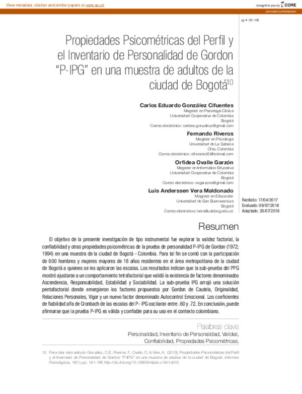 (PDF) Propiedades Psicométricas del Perfil y el Inventario de ...