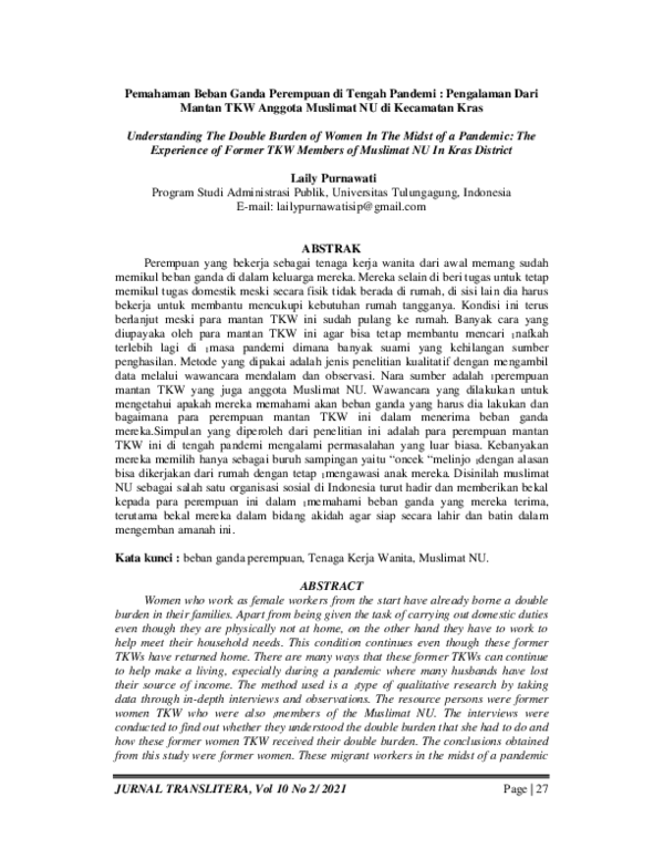 (PDF) Pemahaman Beban Ganda Perempuan di Tengah Pandemi: Pengalaman Dari Mantan TKW Anggota ...
