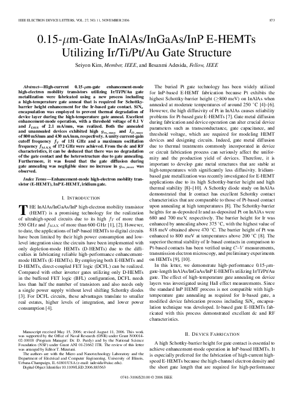 (PDF) 0.15- $muhboxm$ -Gate InAlAs/InGaAs/InP E-HEMTs Utilizing Ir/Ti ...