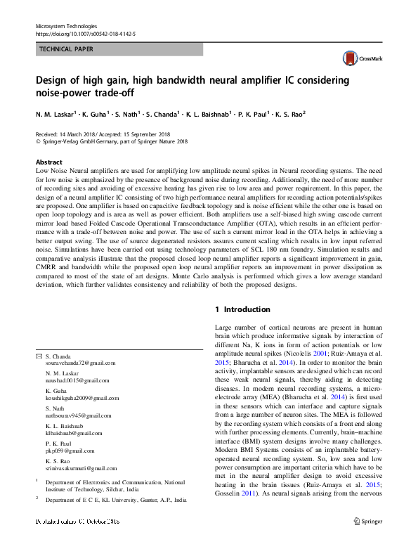 (PDF) Design of high gain, high bandwidth neural amplifier IC considering noise-power trade-off