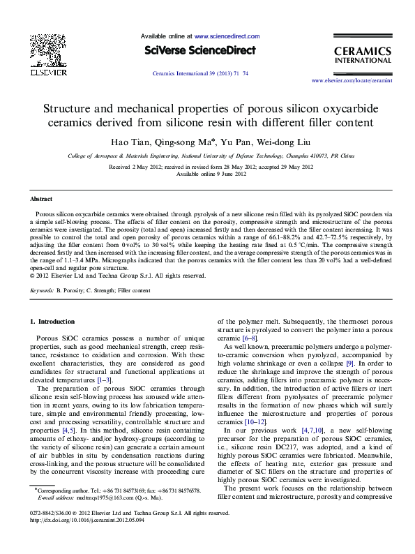 (PDF) Structure and mechanical properties of porous silicon oxycarbide ceramics derived from ...