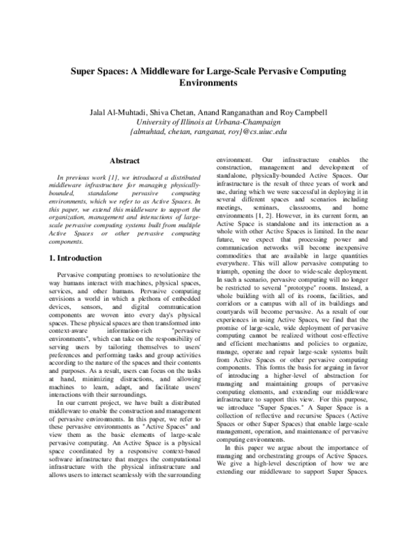 (PDF) Super spaces: a middleware for large-scale pervasive computing environments