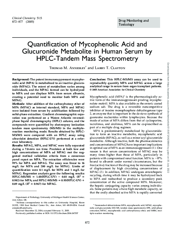 (PDF) Quantification of Mycophenolic Acid and Glucuronide Metabolite in Human Serum by HPLC ...