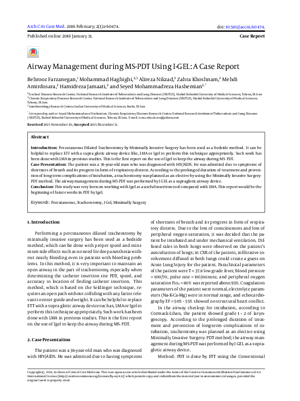 (PDF) Airway Management during MS-PDT Using I-GEL: A Case Report