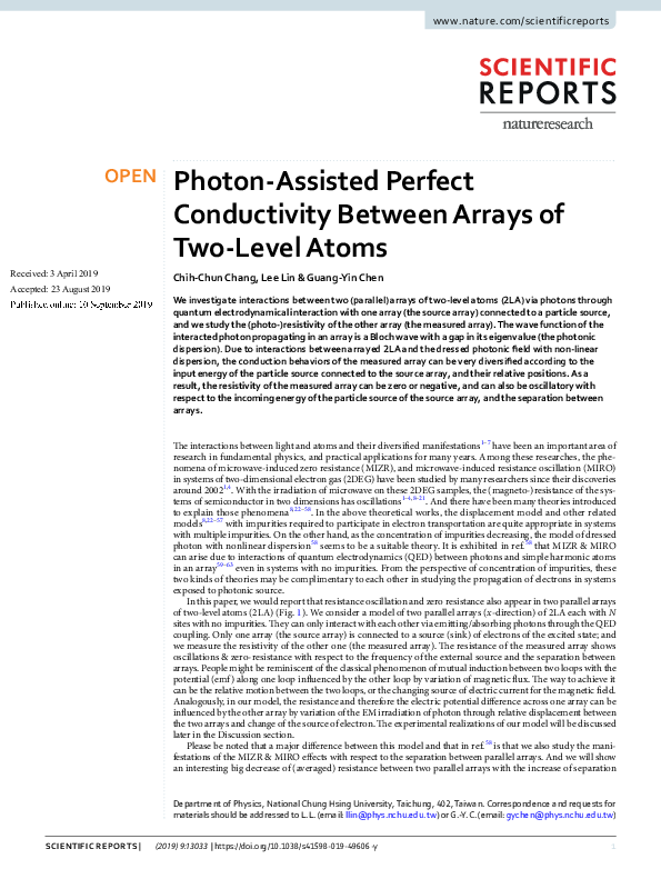 (PDF) Photon-Assisted Perfect Conductivity Between Arrays of Two-Level Atoms