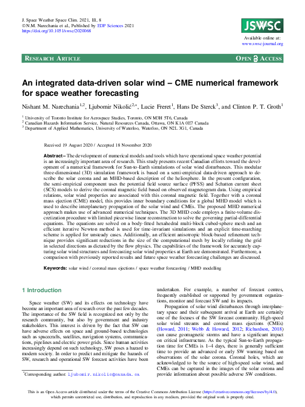 Pdf An Integrated Data Driven Solar Wind Cme Numerical Framework For Space Weather Forecasting