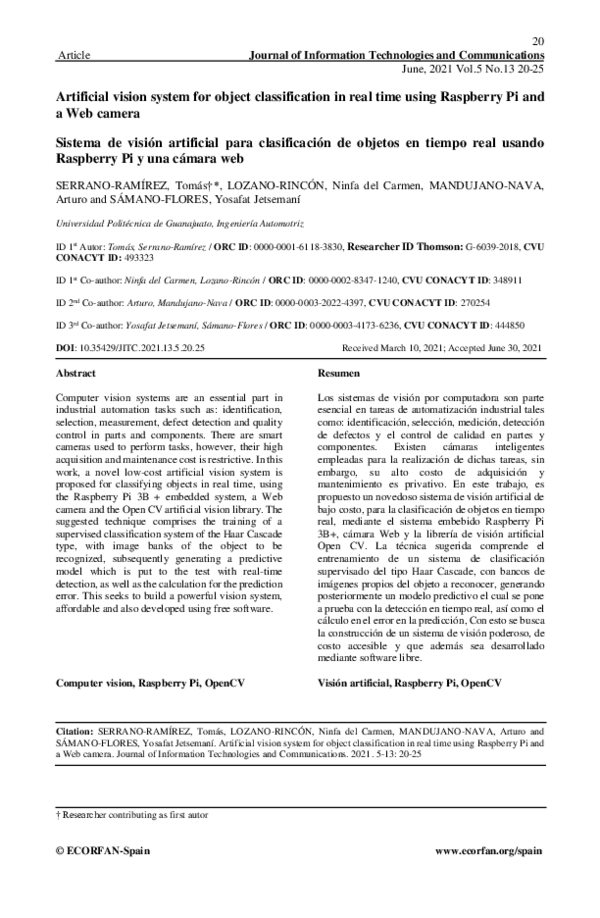 (PDF) Artificial vision system for object classification in real time using Raspberry Pi and a ...