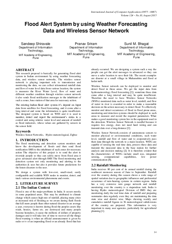 (PDF) Flood Alert System by using Weather Forecasting Data and Wireless Sensor Network