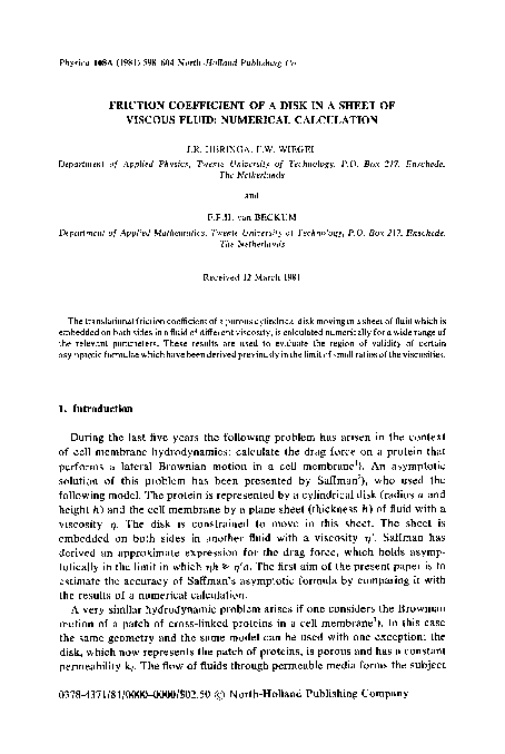 Pdf Friction Coefficient Of A Disk In A Sheet Of Viscous Fluid Numerical Calculation