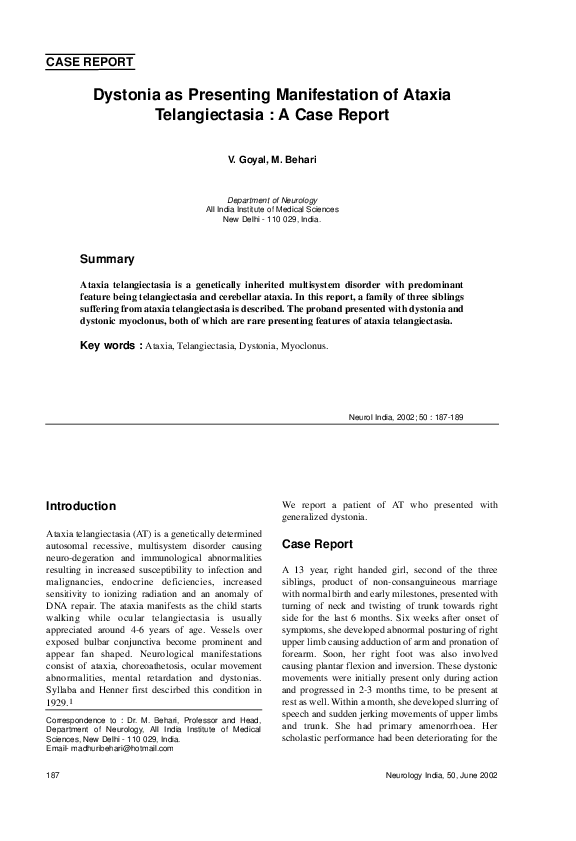 (PDF) Dystonia as presenting manifestation of ataxia telangiectasia : a case report | Madhuri ...