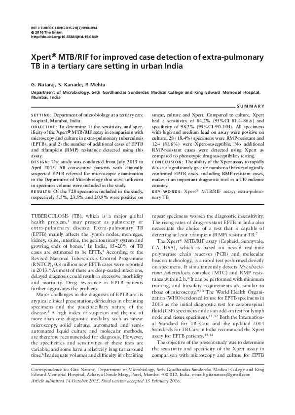 (PDF) Xpert® MTB/RIF for improved case detection of extra-pulmonary TB ...