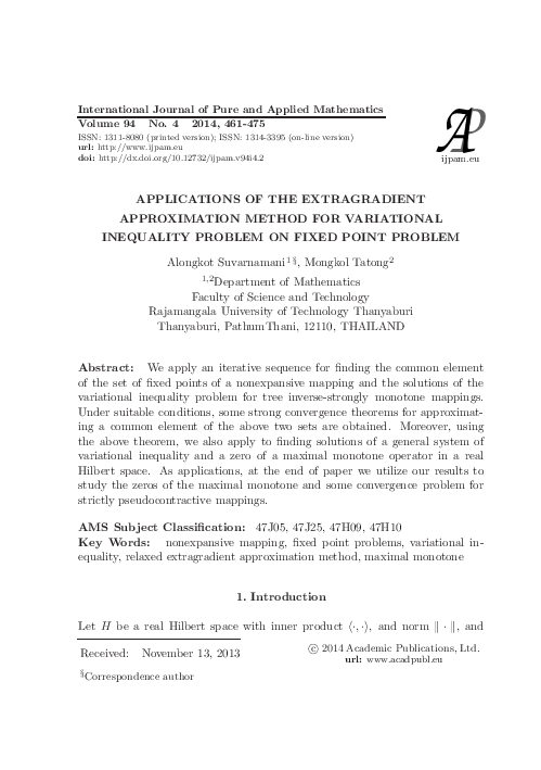 (PDF) Applications of the Extragradient Approximation Method for Variational Inequality Problem ...