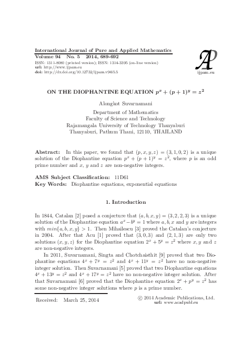 (PDF) ON THE DIOPHANTINE EQUATION p^x+(p+1)^y=z^2