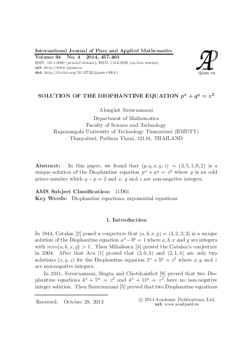(PDF) SOLUTION OF THE DIOPHANTINE EQUATION p^x+q^y=z^2