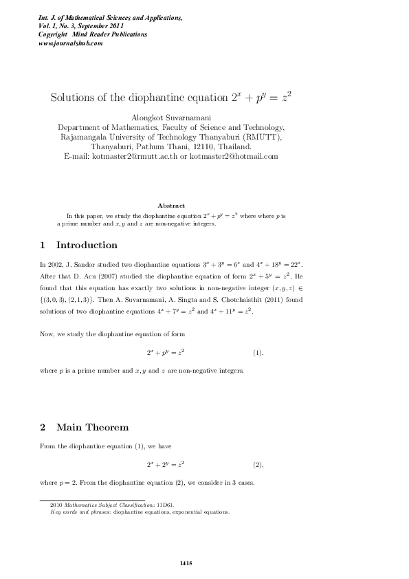 (PDF) Solutions of the diophantine equation