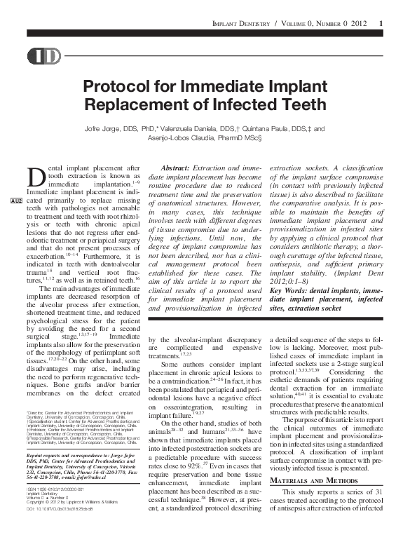 (PDF) Protocol for Immediate Implant Replacement of Infected Teeth
