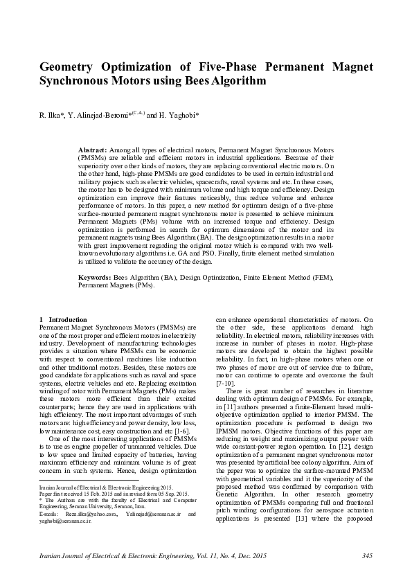 Pdf Geometry Optimization Of Five Phase Permanent Magnet Synchronous Motors Using Bees Algorithm