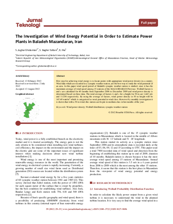 (PDF) The Investigation of Wind Energy Potential in Order to Estimate ...