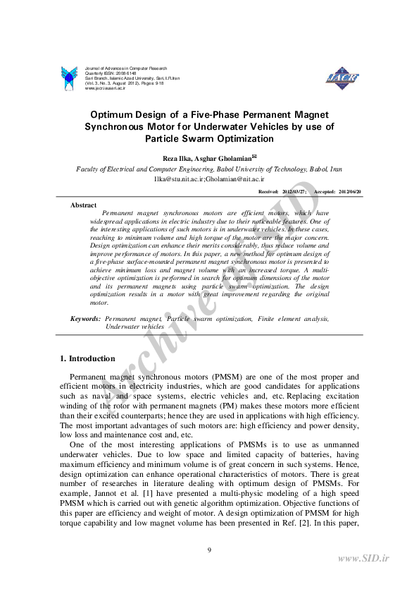 Pdf Optimum Design Of A Five Phase Permanent Magnet Synchronous Motor For Underwater Vehicles