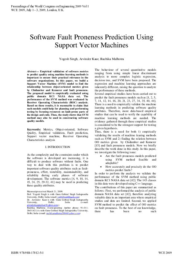 (PDF) Software Fault Proneness Prediction Using Support Vector Machines | Kaur Arvinder ...