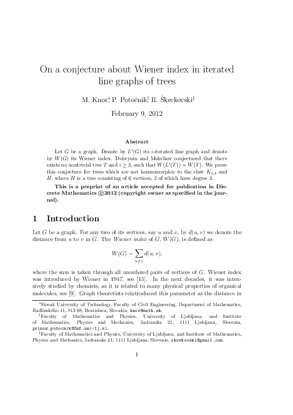(PDF) On a conjecture about Wiener index in iterated line graphs of trees