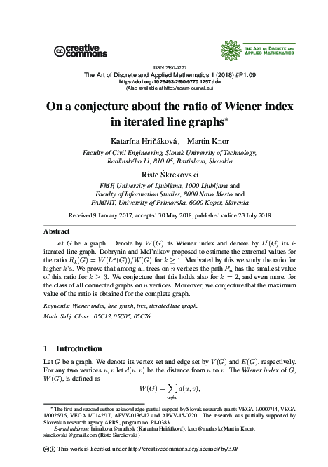 (PDF) On a conjecture about the ratio of Wiener index in iterated line graphs