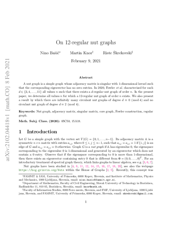 (PDF) On 12-regular nut graphs | Riste Škrekovski - Academia.edu