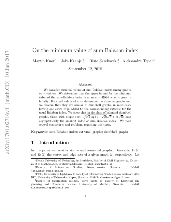 (PDF) On the minimum value of sum-Balaban index