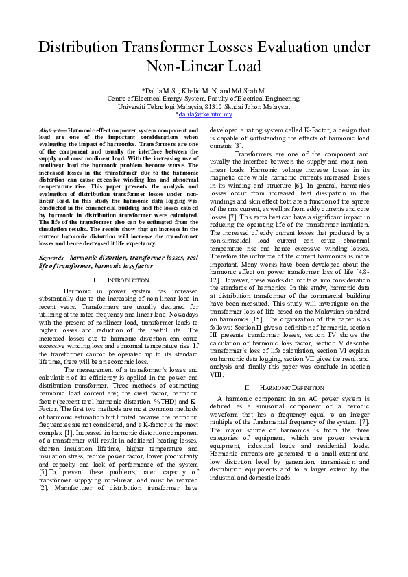(PDF) Distribution transformer losses evaluation under non-linear load