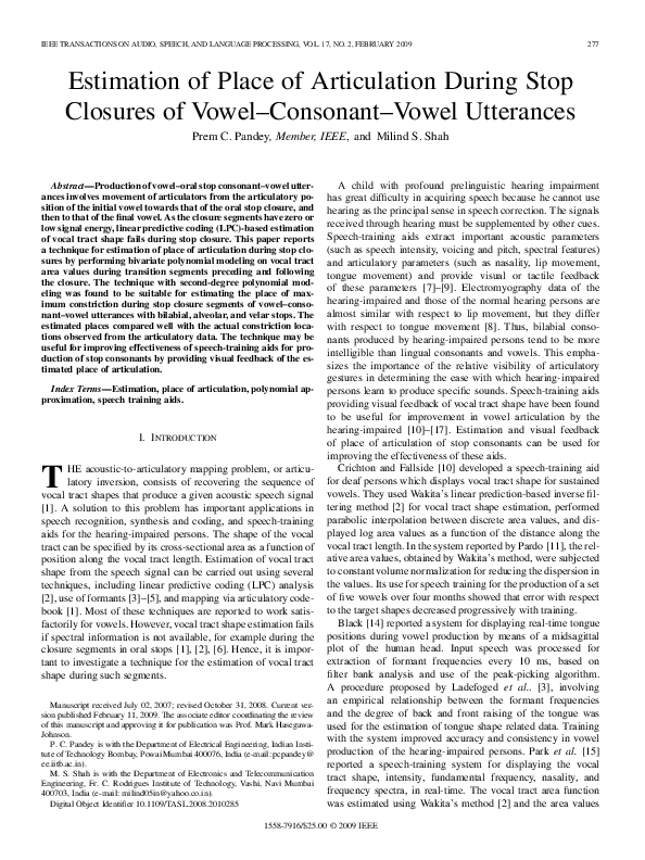 (PDF) Estimation of Place of Articulation During Stop Closures of Vowel ...