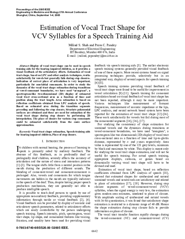 (PDF) Estimation of Vocal Tract Shape for VCV Syllables for a Speech ...