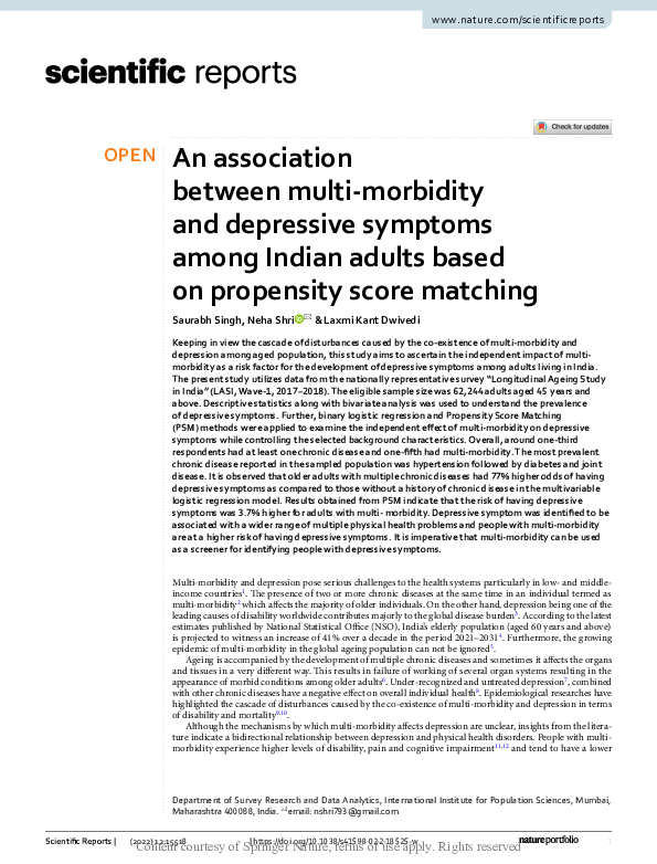 (PDF) An association between multi-morbidity and depressive symptoms among Indian adults based ...